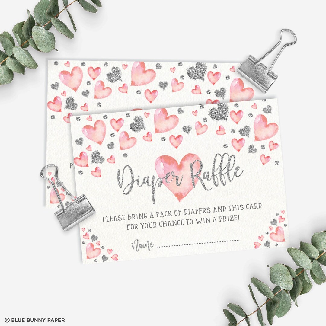 Silver Pink Hearts Diaper Raffle Card, Little Sweetheart Baby Shower ...