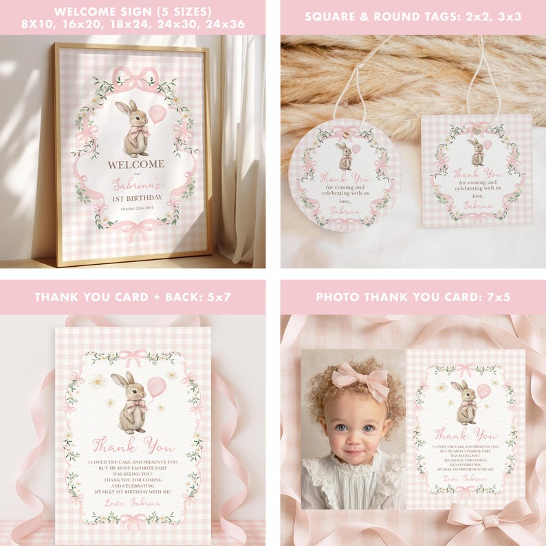 Some Bunny is One Birthday Bundle: Pink Bow Rabbit Editable Templates ...