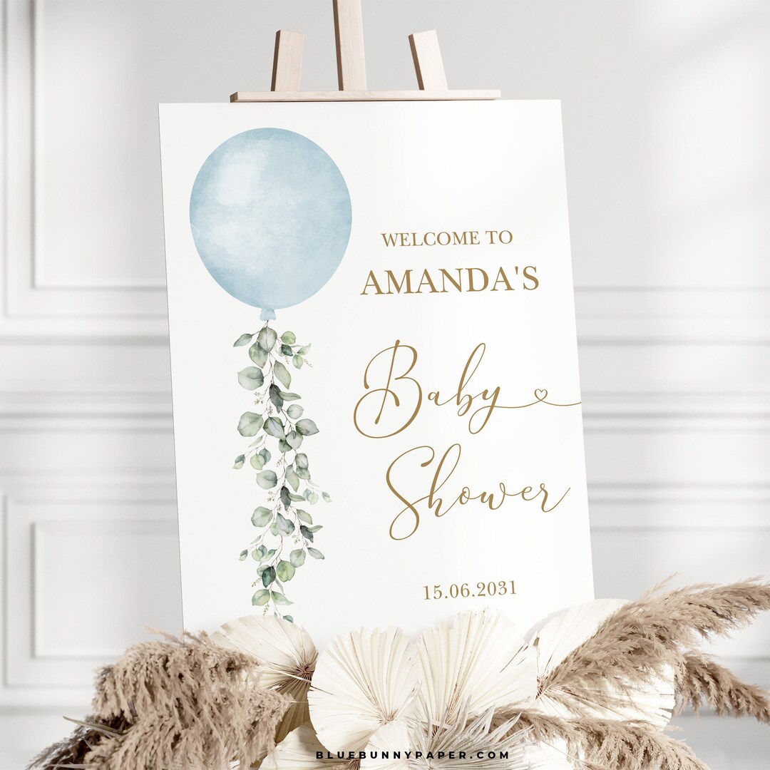 Blue Balloon Welcome Sign Eucalyptus Balloon Boy Baby Shower Editable ...