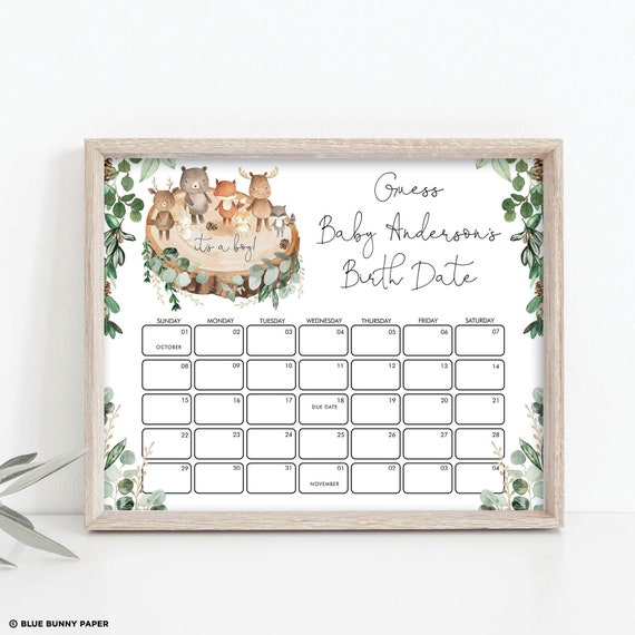 Editable Woodland Baby Due Date Calendar Greenery Forest - Etsy