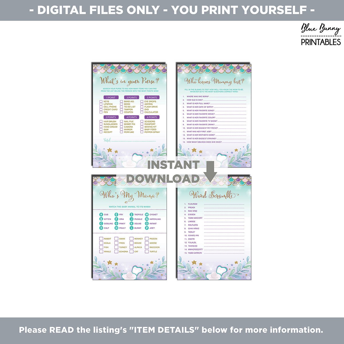 Mermaid BABY SHOWER Games Package. 8x Purple Silver Gold Mint Sea Ocean ...