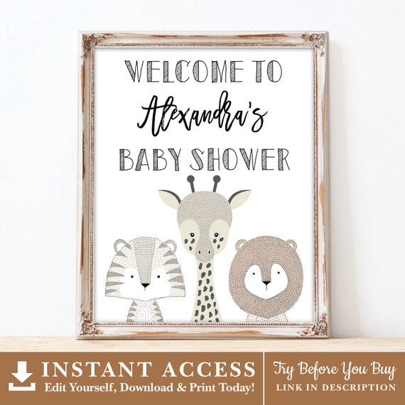Editable Safari Baby Shower Welcome Sign. Modern Jungle Animals Party ...
