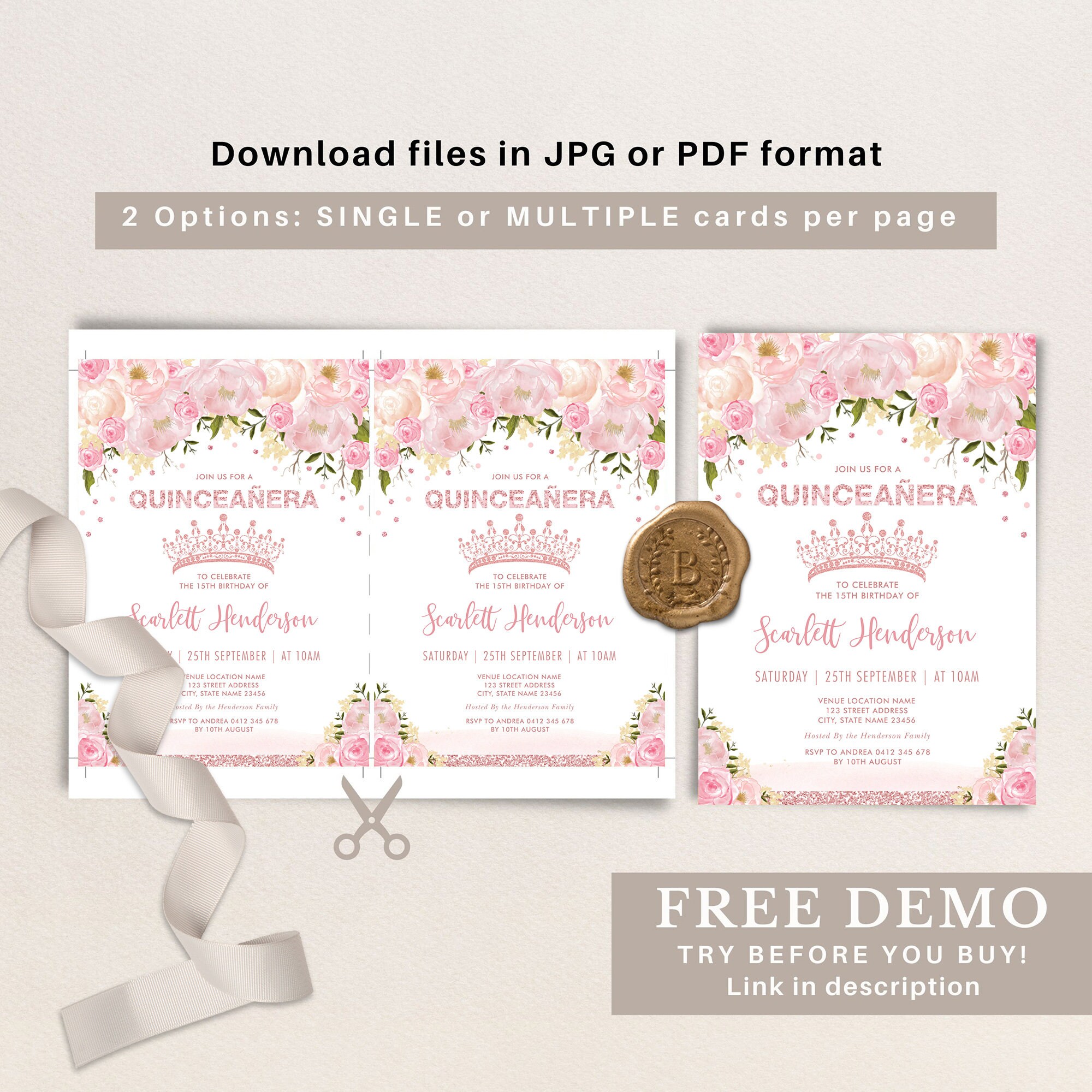 Quinceañera Invitation Pink Floral Quinceanera Invite Blush - Etsy