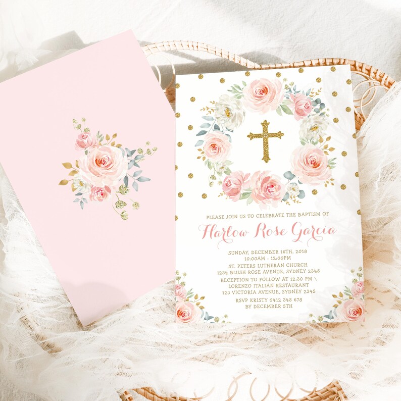 Girl Baptism Invitation: Pink Gold Floral Christening Invite Editable ...