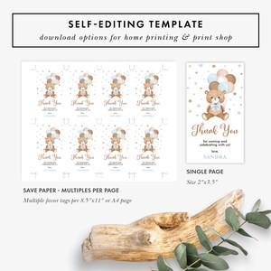 Teddy Bear Favor Tag We Can Bearly Wait Blue Brown Balloon Baby Shower ...