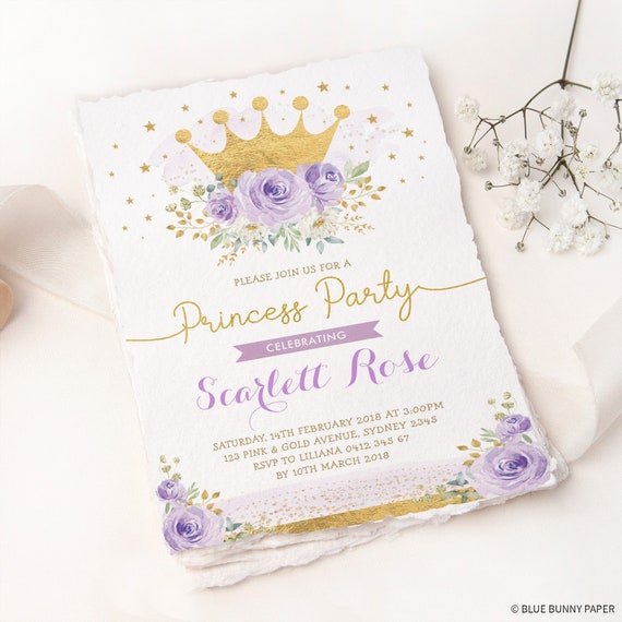 Purple Princess Party Invitation Gold Crown Princess Birthday Invite ...
