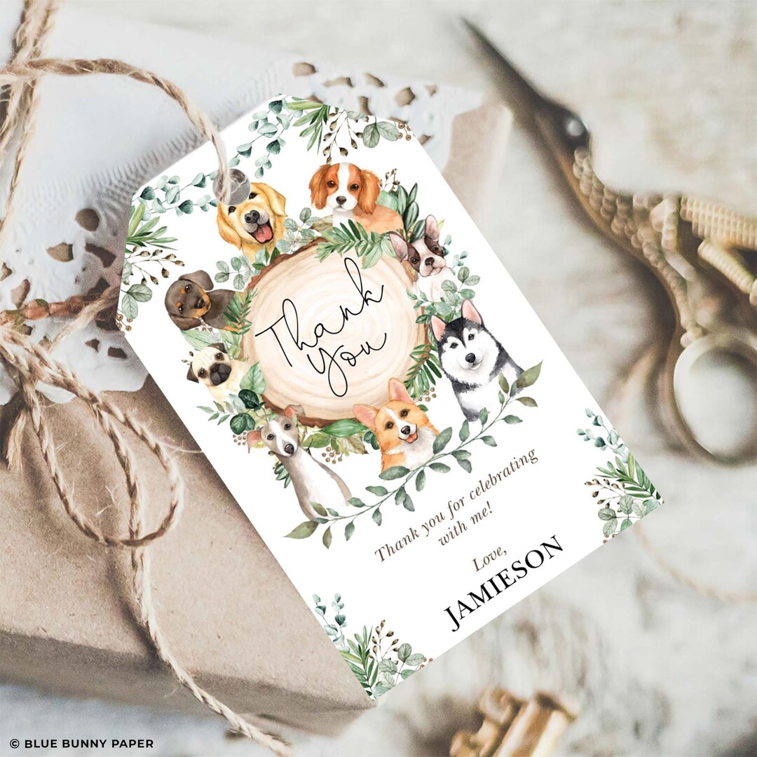 Puppy Birthday Favor Tags, Dog Baby Shower Party Printable, Greenery ...