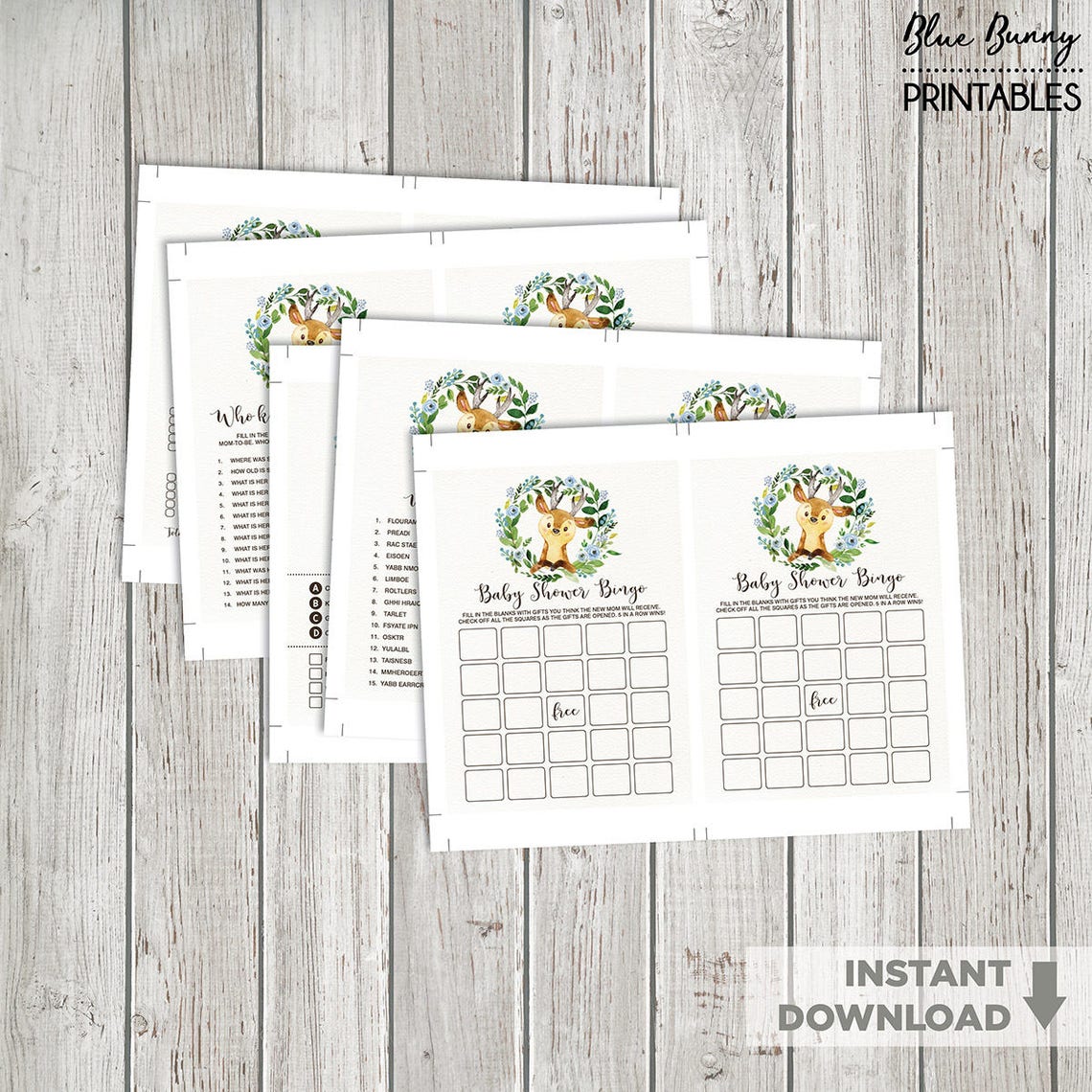 Deer Baby Shower GAMES PACKAGE. 8x Floral Baby Deer Printable | Etsy