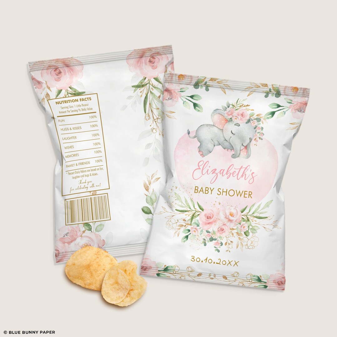 Blush Floral Elephant Chip Bag, Dreamy Elephant Baby Shower Favors ...