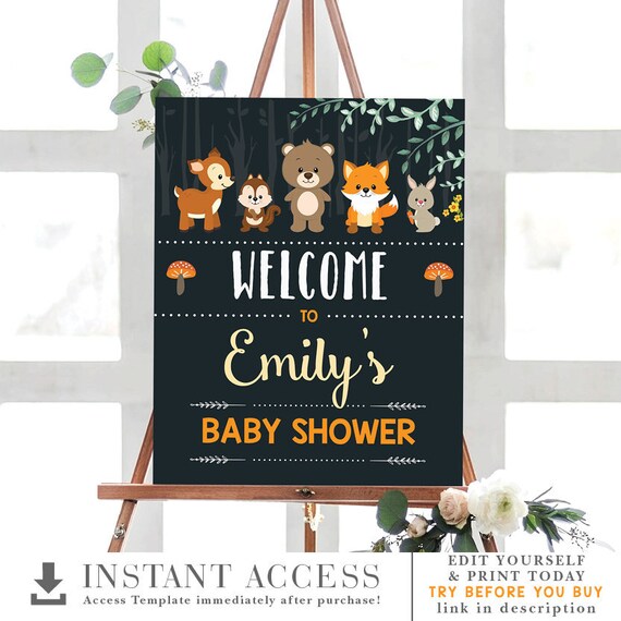 Woodland Editable Welcome Sign. Woodland Animals Baby Shower Decoration ...