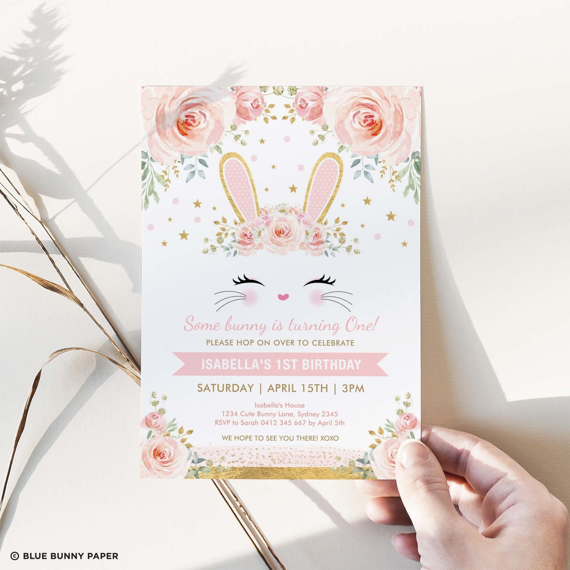 Cute Bunny Rabbit Birthday Invitation. Blush Pink Gold Floral Easter ...