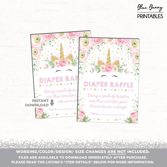 Unicorn DIAPER Raffle Printable Ticket. Unicorn Baby Shower. Pink Gold ...