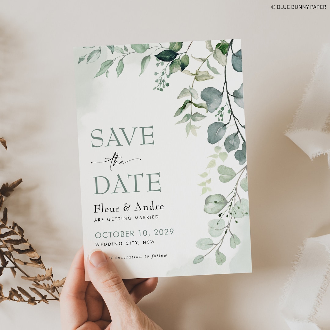 Sage Green Save the Date Template, Boho Greenery Wedding Digital Invite ...