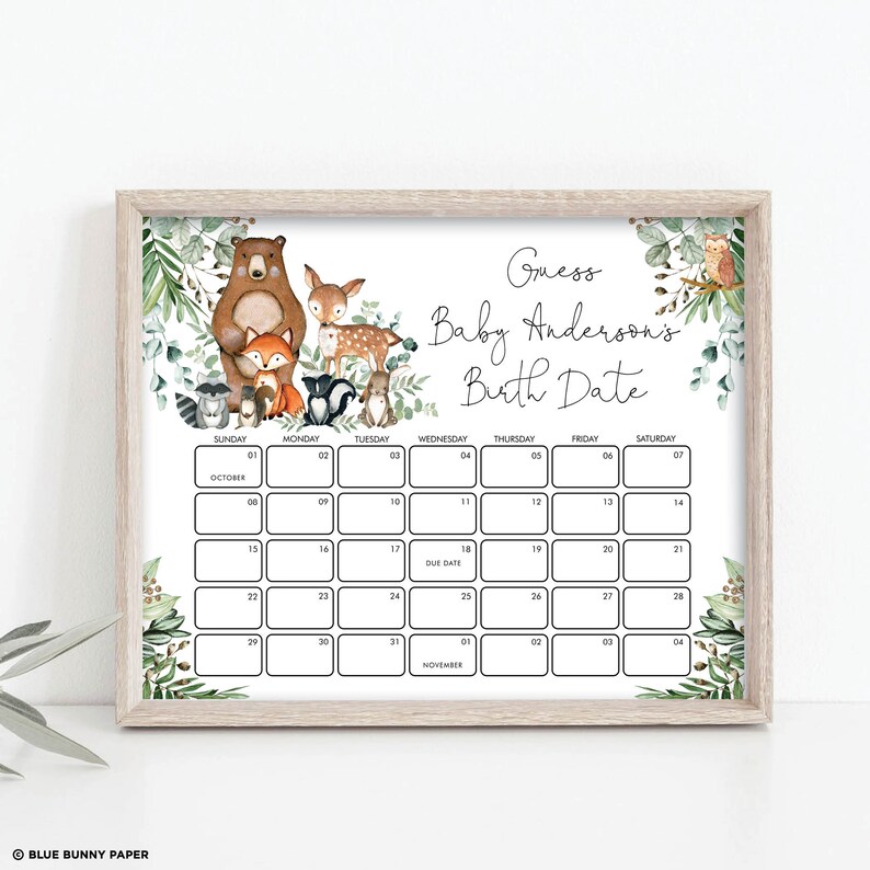 Greenery Woodland Baby Due Date Calendar Forest Animals Guess | Etsy
