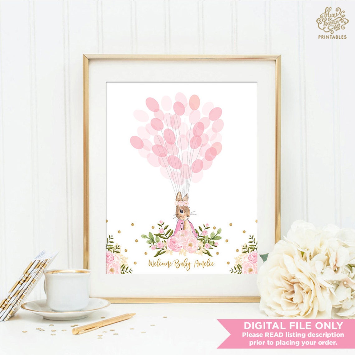 Pink Rabbit THUMBPRINT GUESTBOOK Printable Sign. Pink & Gold | Etsy