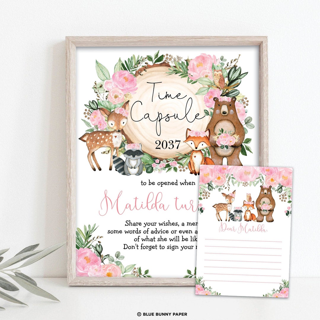 Floral Woodland Time Capsule. Greenery Pink Flowers First 1st Birthday ...