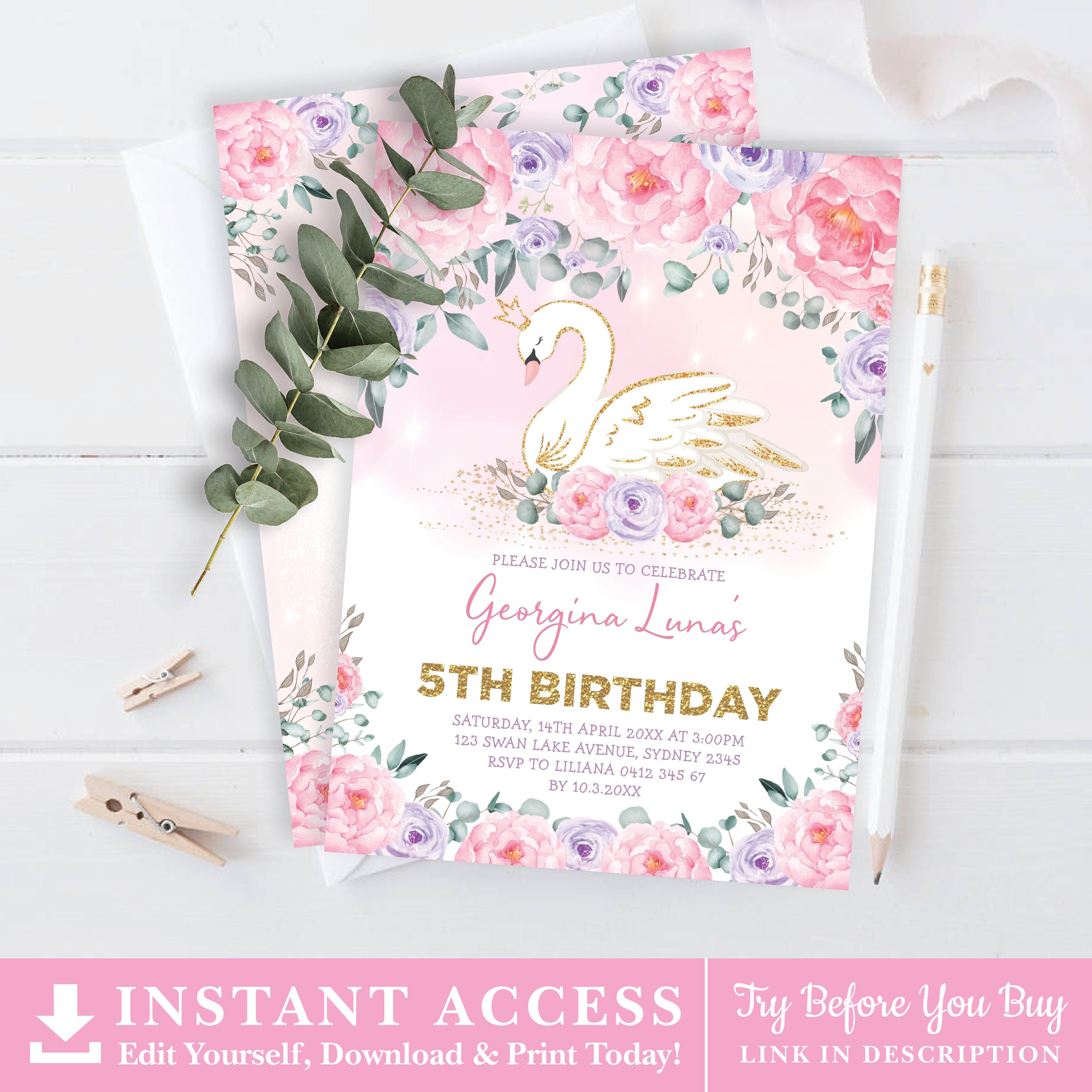 Editable Swan Princess Birthday Invitation. Pink Purple Gold | Etsy
