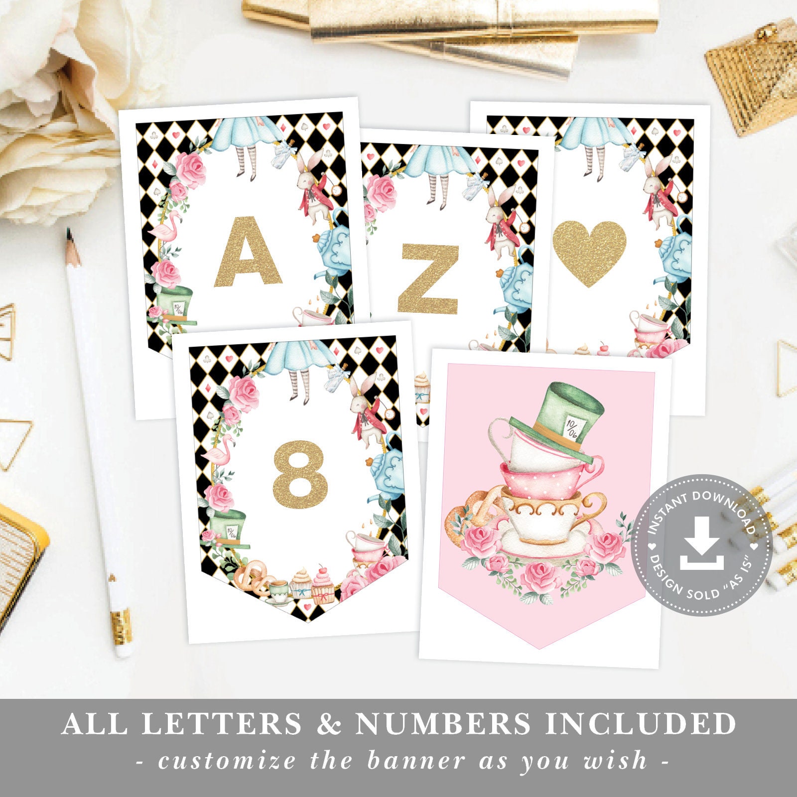 Alice in Wonderland Printable Banner Onederland Happy - Etsy