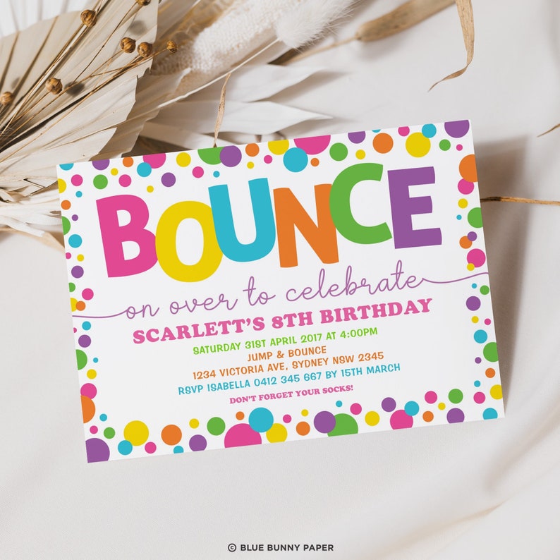 Jump Birthday Bounce House Trampoline Party Invitation, Colorful ...