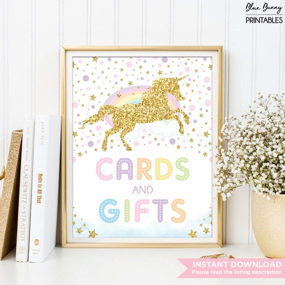 Unicorn Cards & Gifts Sign. Rainbow Pink Gold Glitter Baby Shower First ...