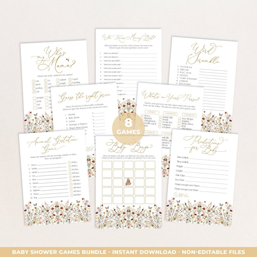 Boho Wildflower Baby Shower Games Printable Rustic Garden Flowers Baby ...