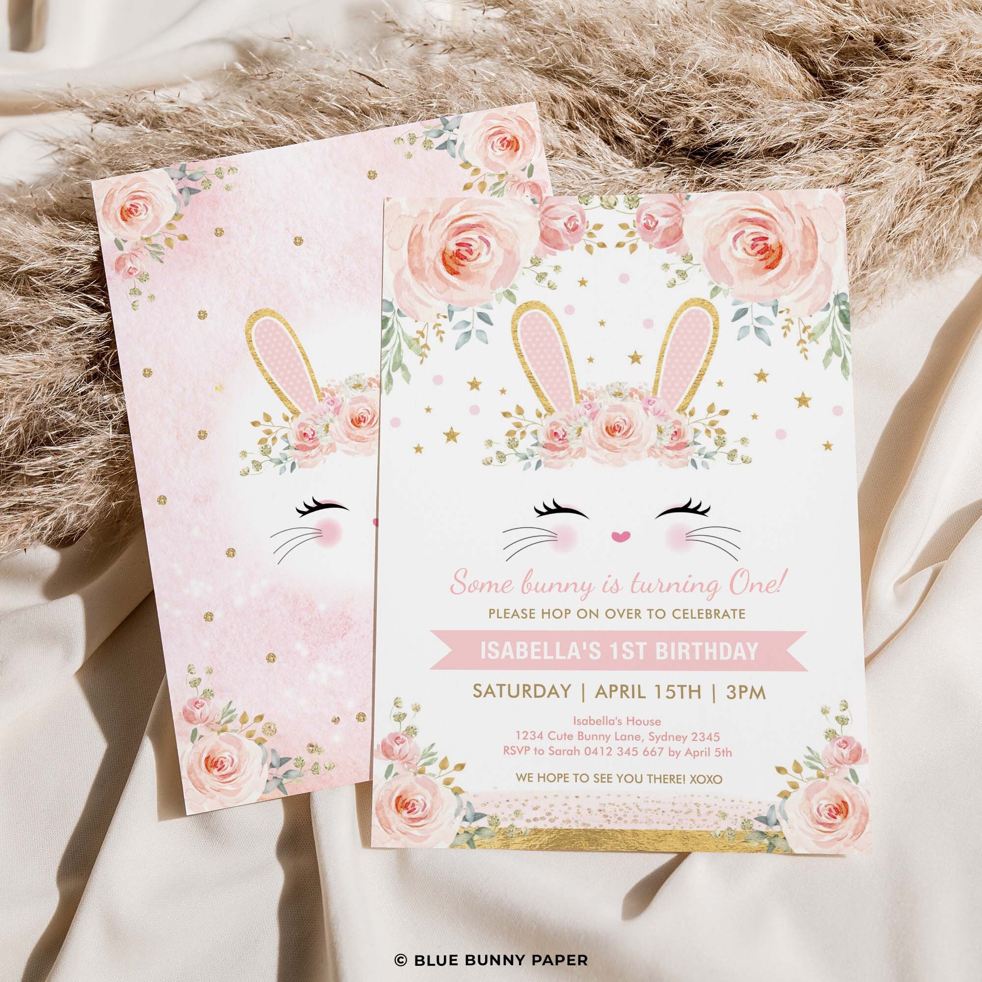 Cute Bunny Rabbit Birthday Invitation. Blush Pink Gold Floral Easter ...