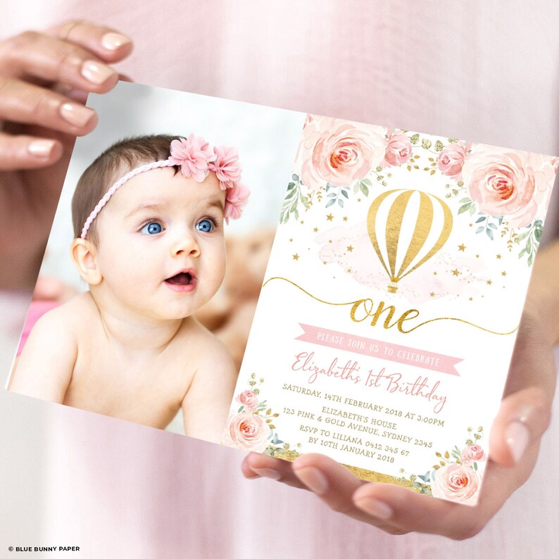 Editable Floral Hot Air Balloon 1st Birthday Invitation Etsy