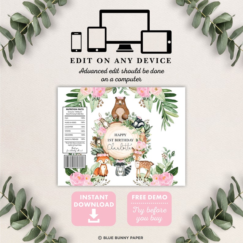 Editable Girl Woodland Chip Bag Forest Animals Birthday Party - Etsy