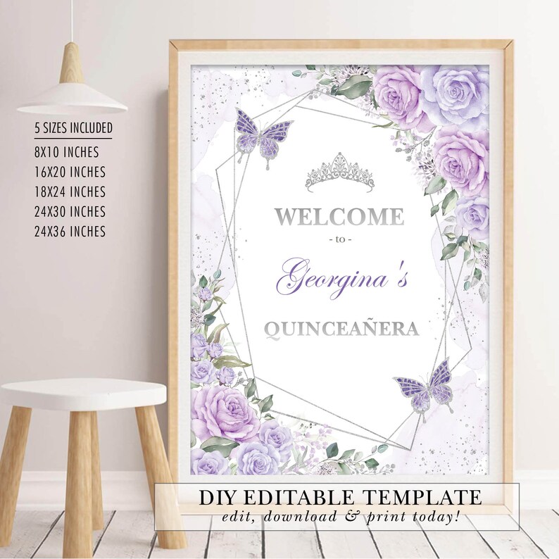 Lilac Quinceanera Welcome Sign Purple Silver Mis Quince 15 Anos ...
