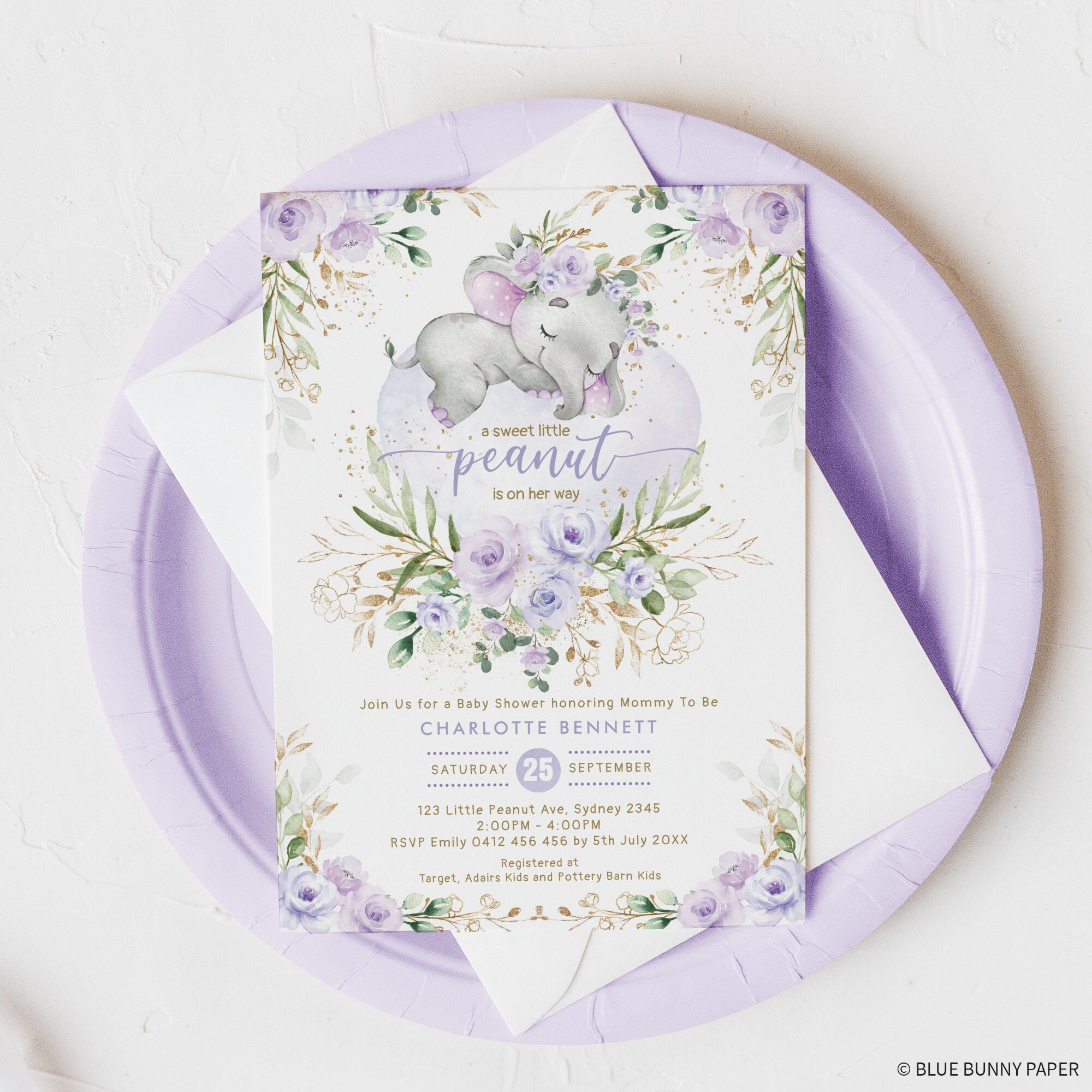 Purple Floral Elephant Baby Shower Invitation Lavender Gold - Etsy