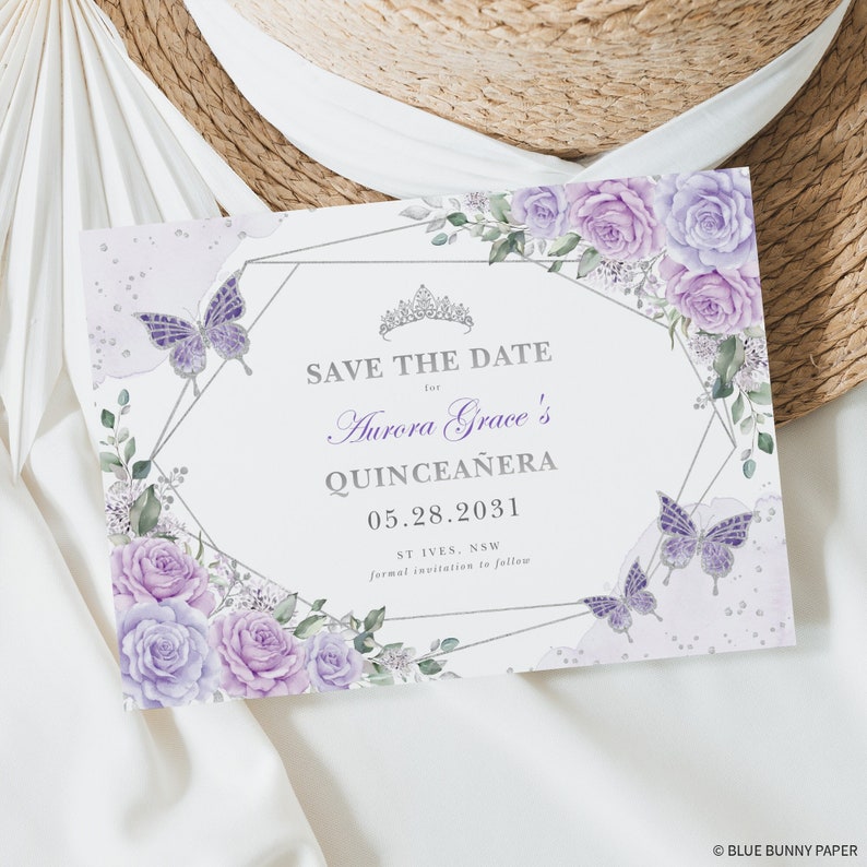 Purple Silver Quinceañera Save the Date Template Lilac Floral ...