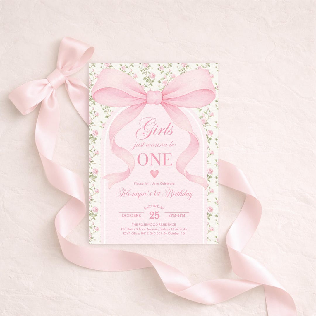 Girls Just Wanna Be One: Pink Bow 1st Birthday Invitation (editable ...