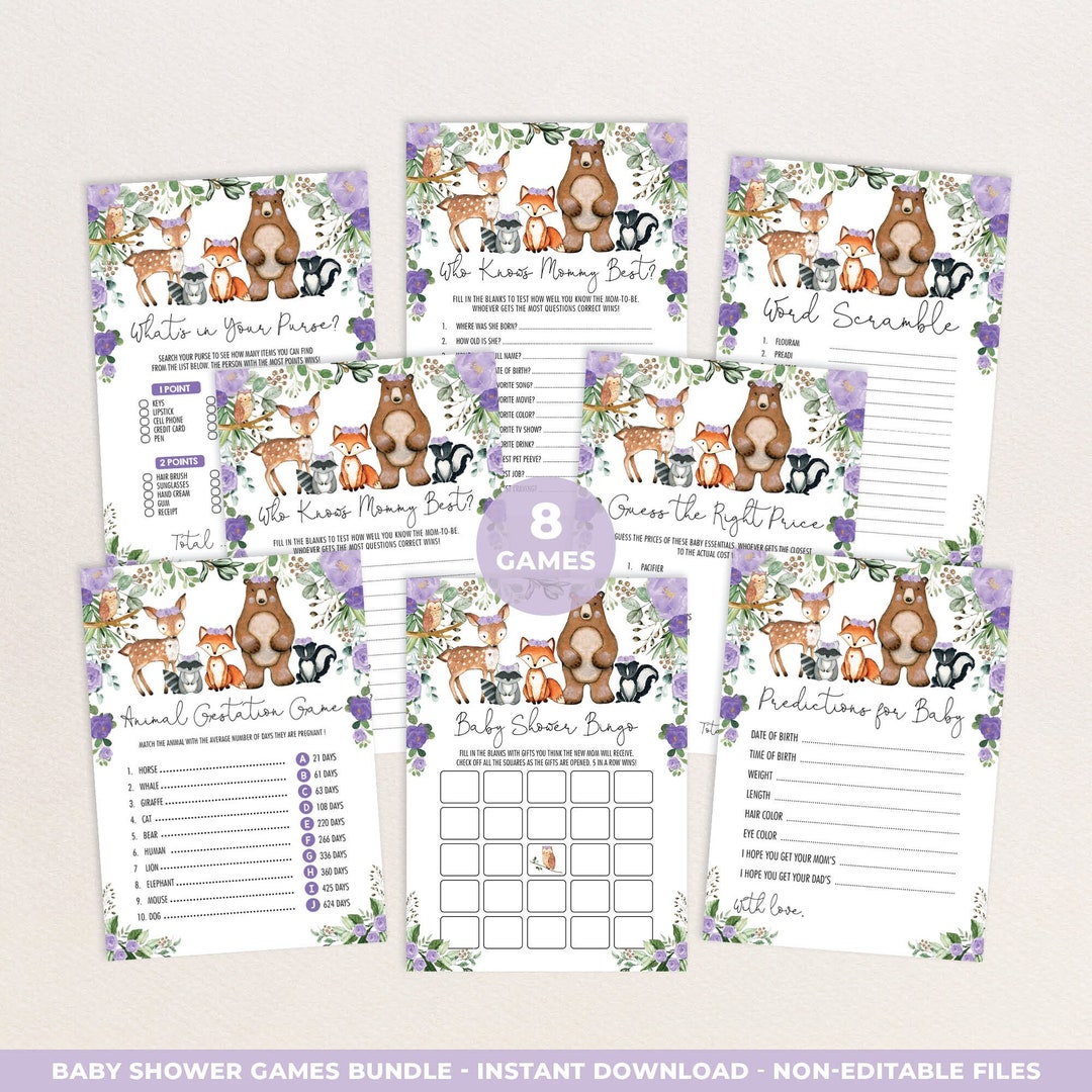 Purple Floral Woodland Baby Shower GAMES BUNDLE Lavender Forest Animals ...