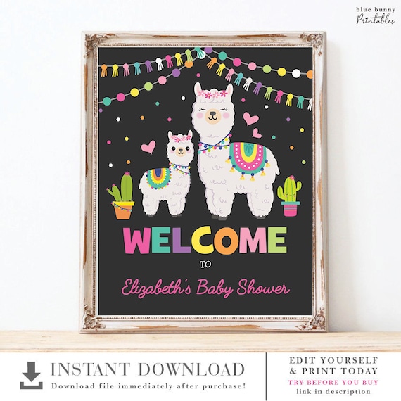 Llama Baby Shower Welcome Sign. Fiesta Cactus Alpaca Party Printable ...