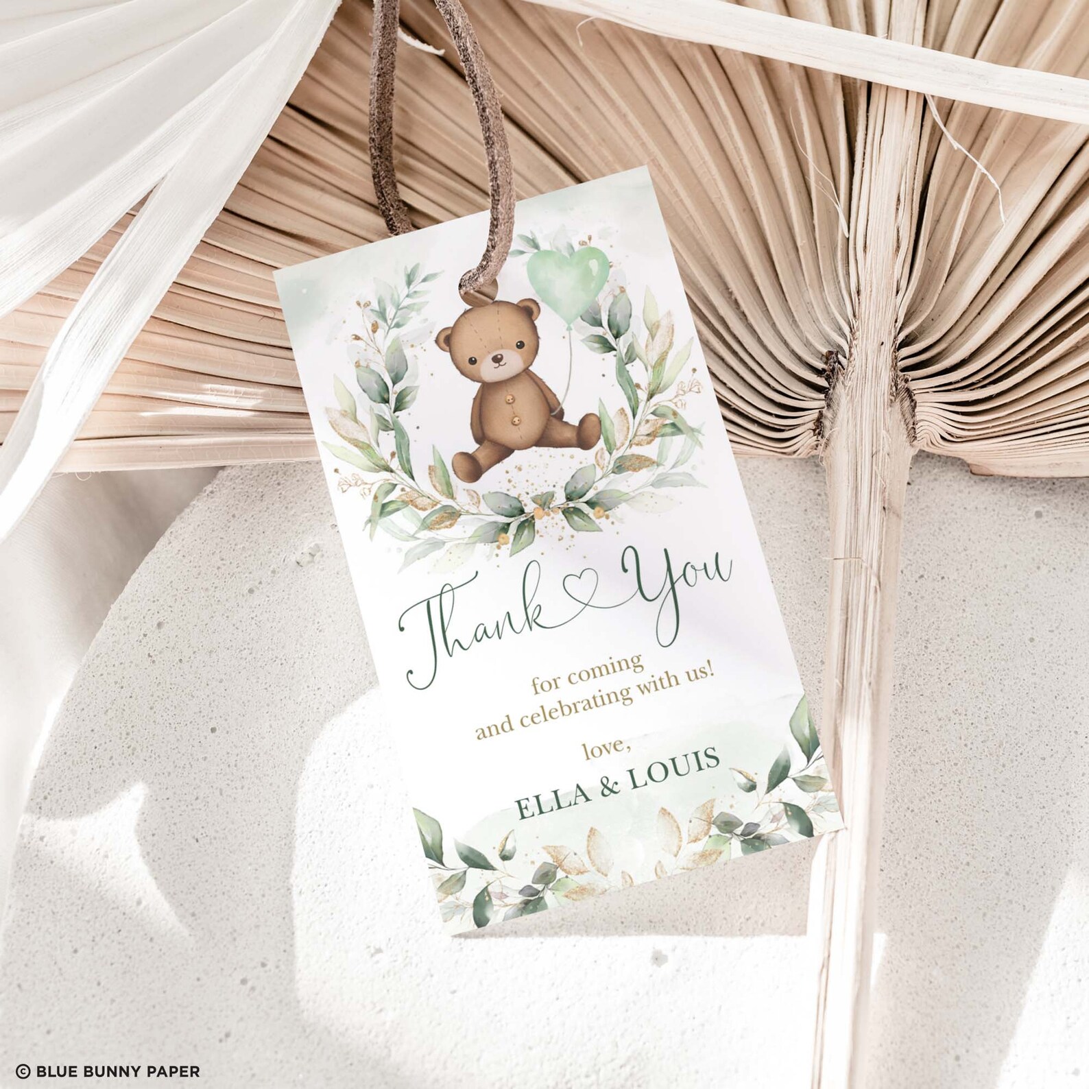 Teddy Bear Favor Tag Greenery Gold Birthday Thank You Tags - Etsy