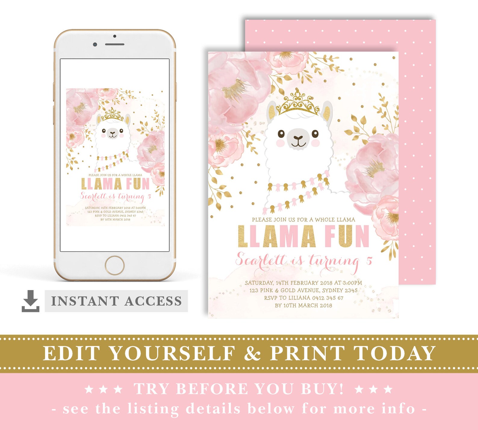 EDITABLE Princess Llama Birthday Invitation. Fiesta Pink Gold ...