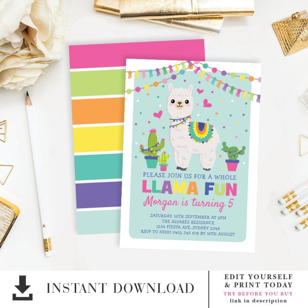 Fiesta Llama Birthday EDITABLE INVITATION. Rainbow Llama Party ...