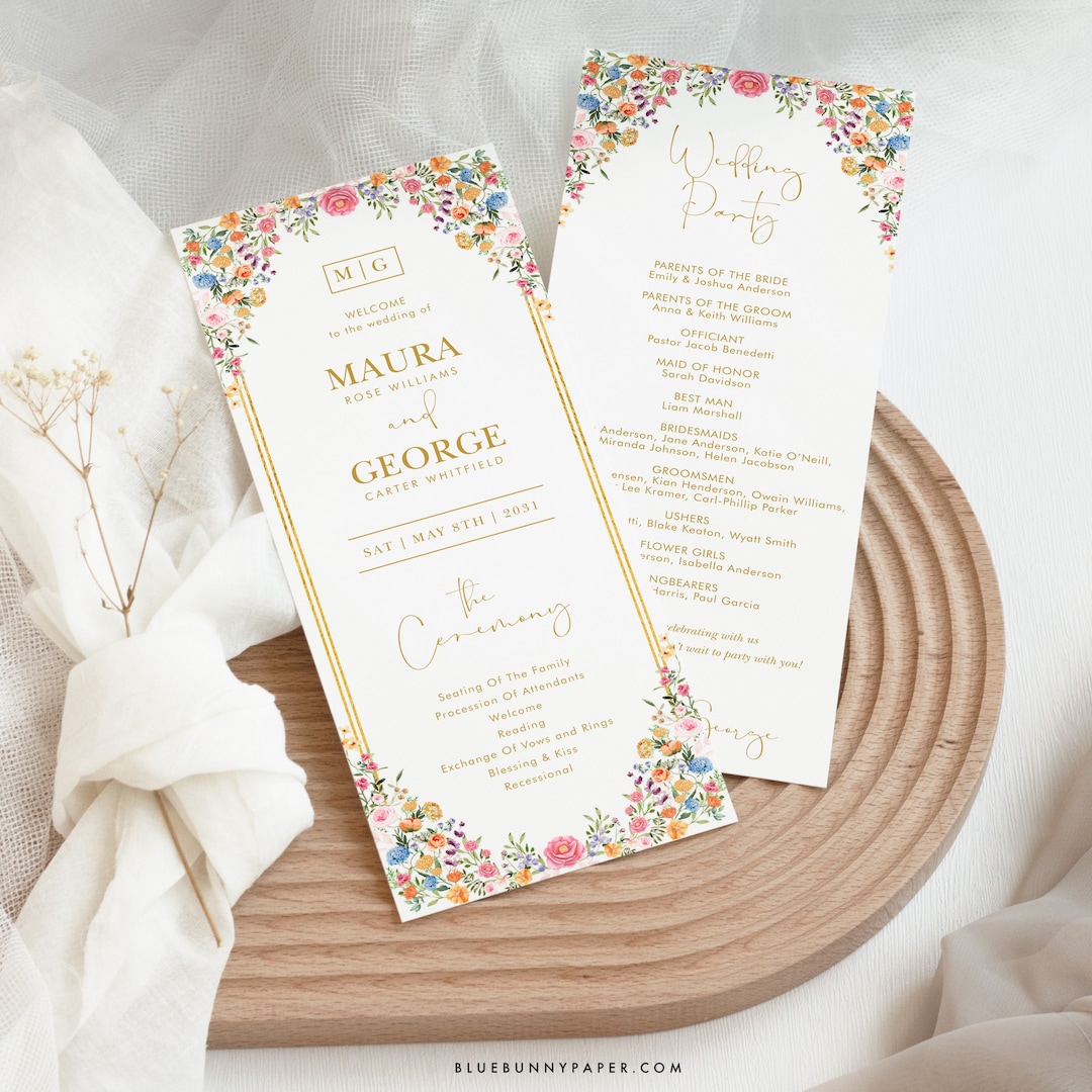 Colorful Garden Flowers Wedding Program Template Wildflower Ceremony ...
