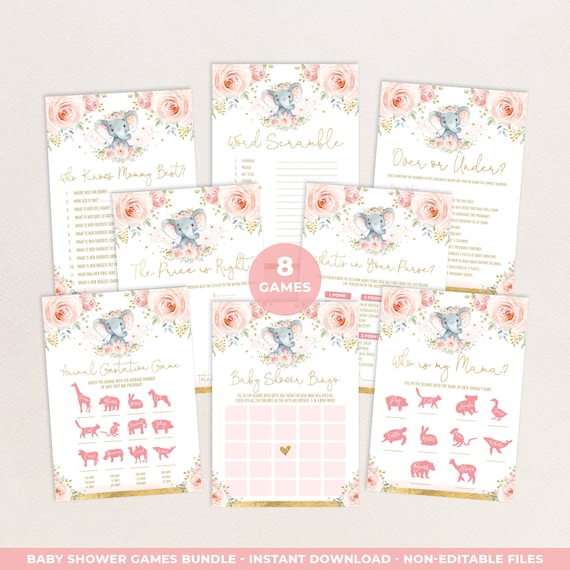 Blush Floral Elephant Baby Shower Games Bundle, Pink Gold Elephant ...
