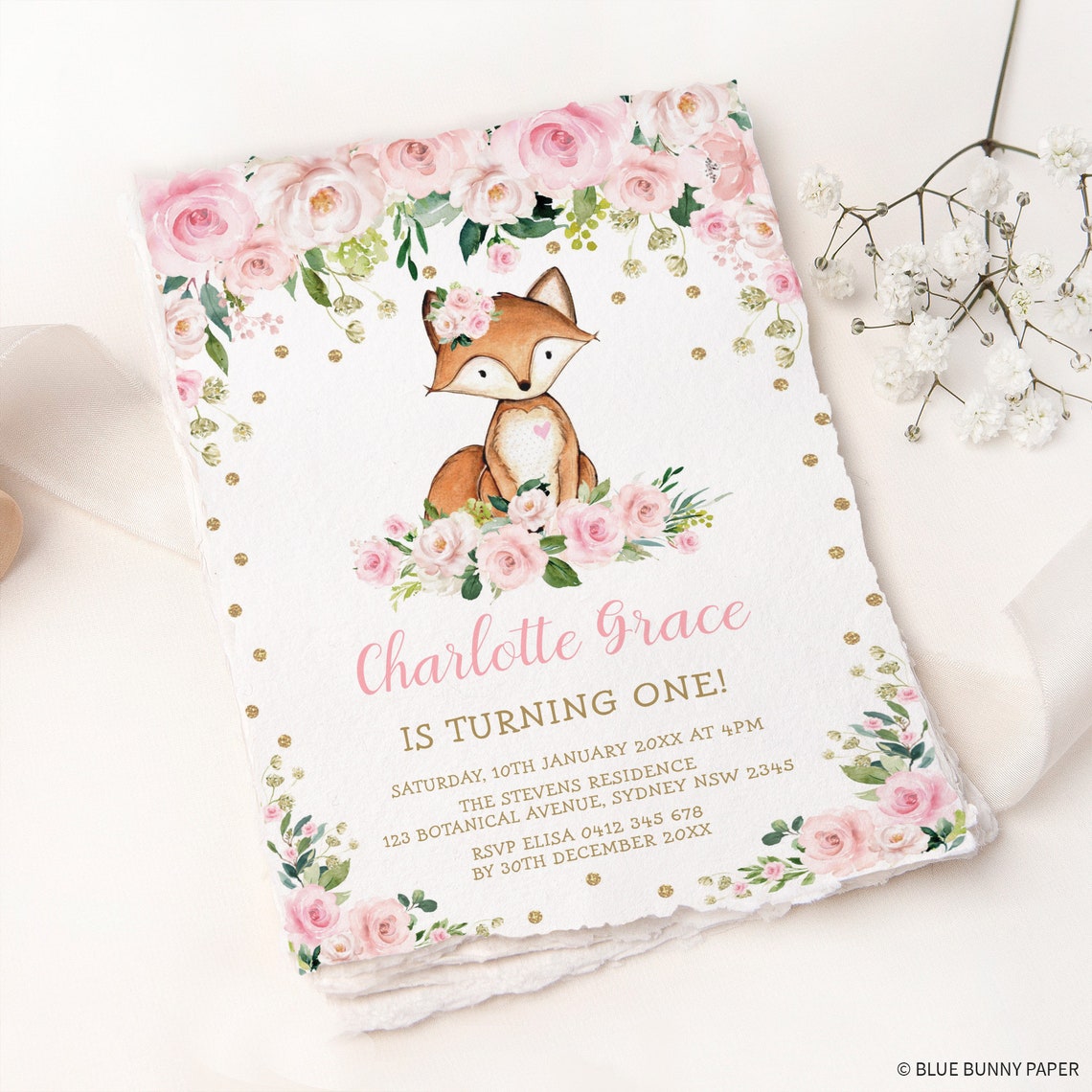Pink Floral Fox Birthday Invitation, Girl Woodland Fox Party Invite ...