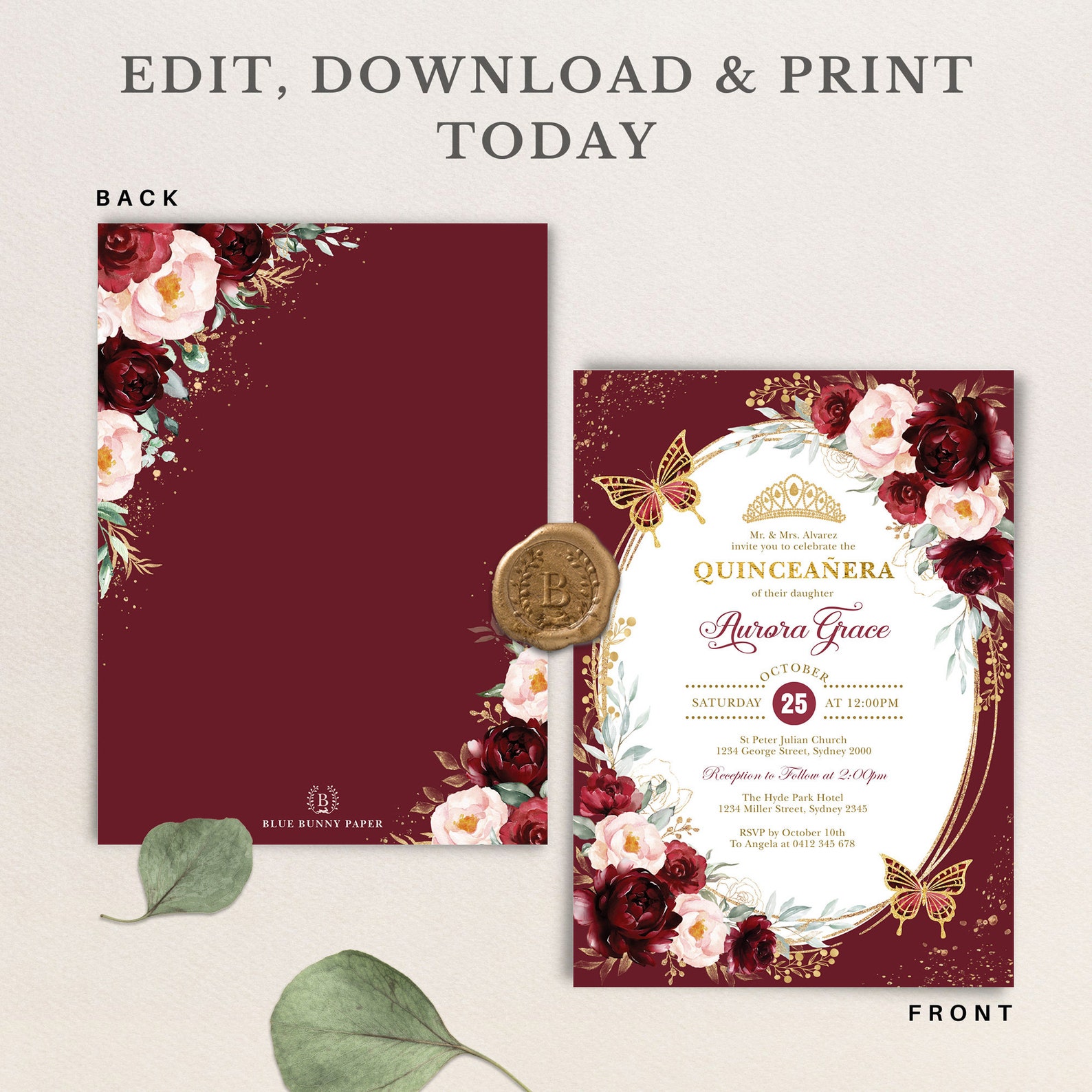Editable Burgundy Red Quinceanera Invitation Blush Floral Mis - Etsy