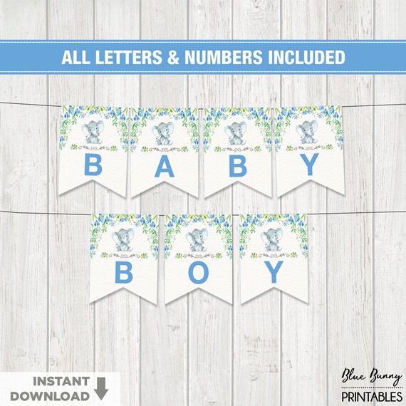 Elephant Baby Shower Printable Banner. All Letters & Numbers. Blue ...