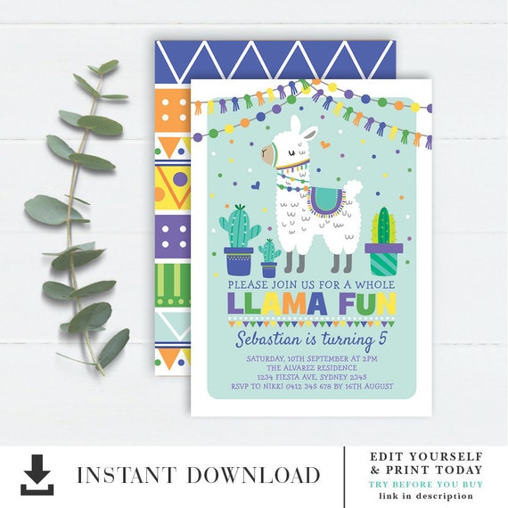 Boy Llama Birthday Party EDITABLE INVITATION / Fiesta Cactus Printable ...