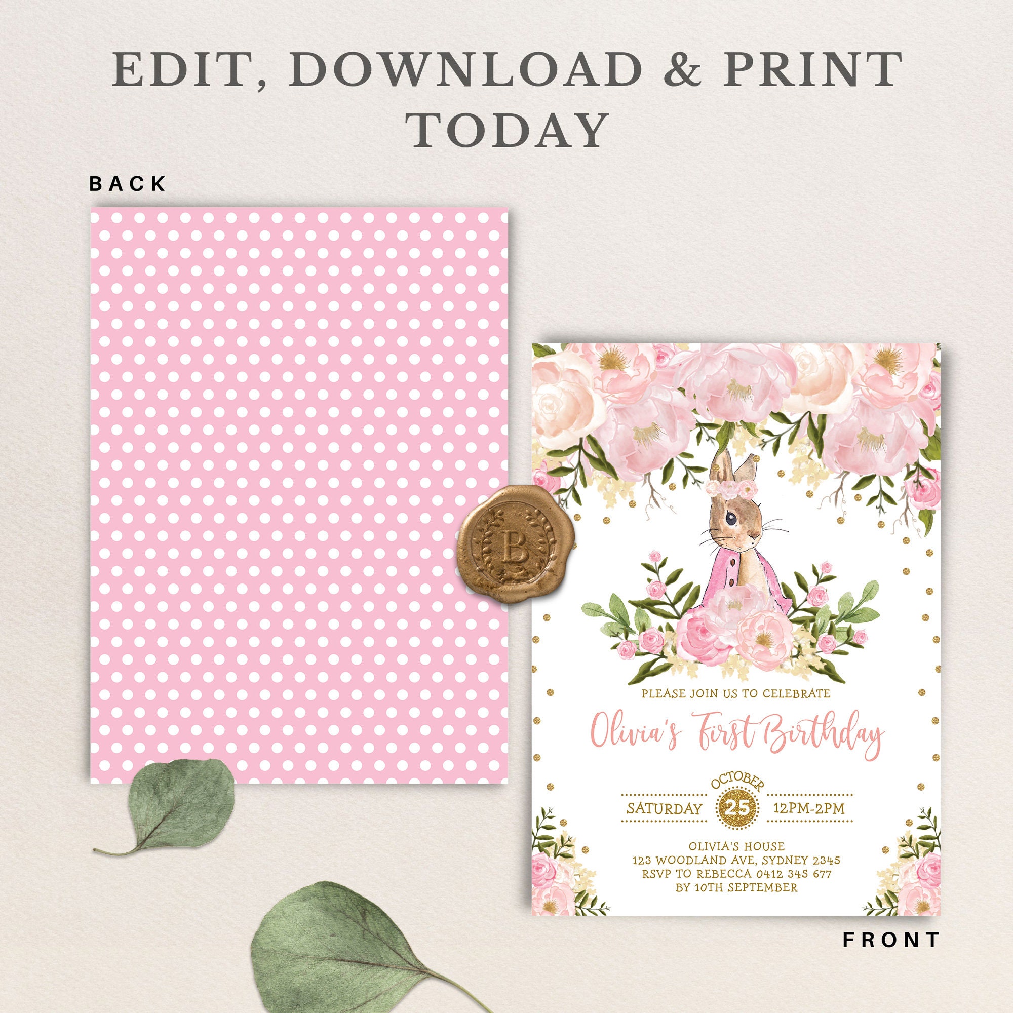 EDITABLE Bunny Birthday Invitation Pink Floral Rabbit 1st | Etsy