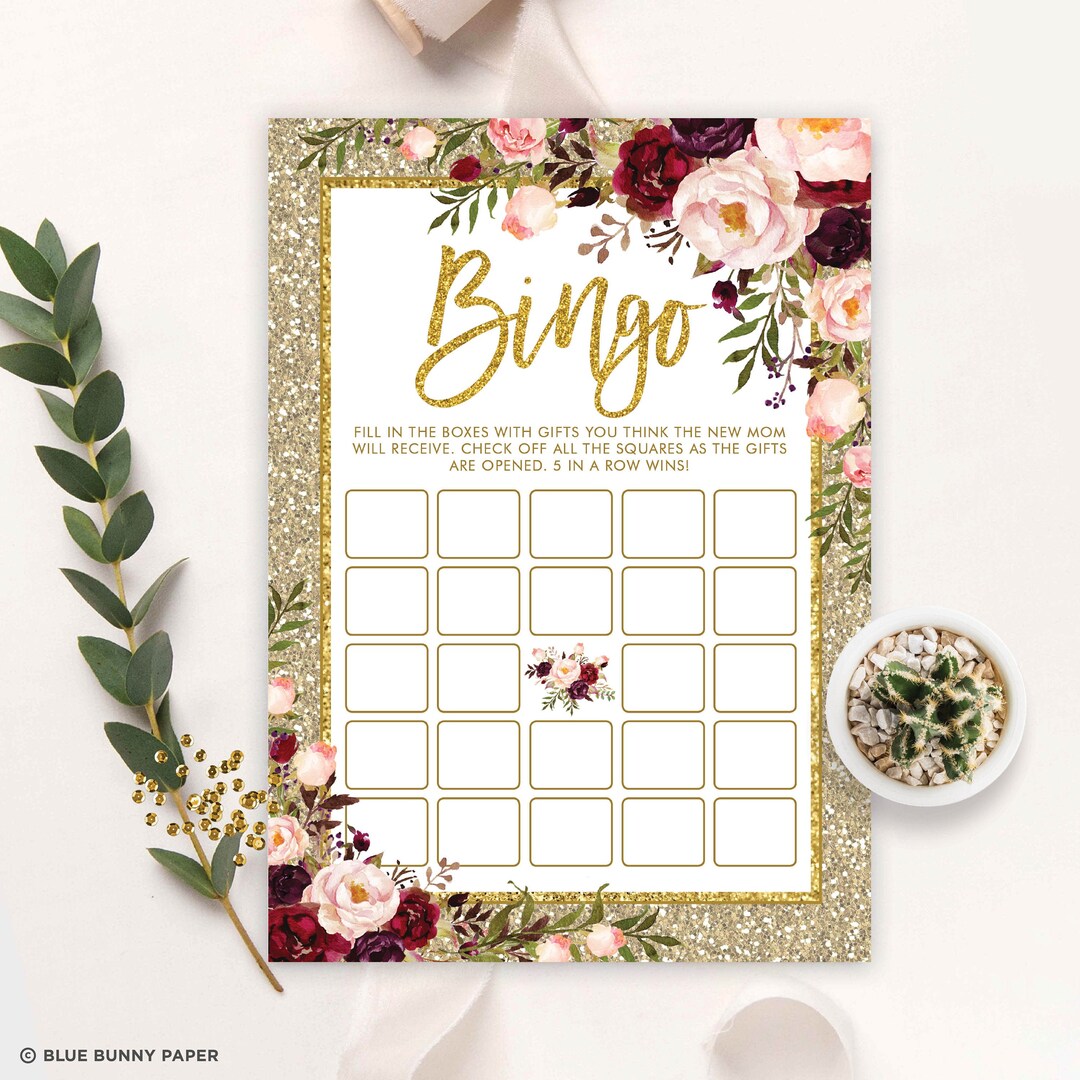 Gold Glitter Bingo Baby Shower Game. Blush Burgundy Flowers Printable ...