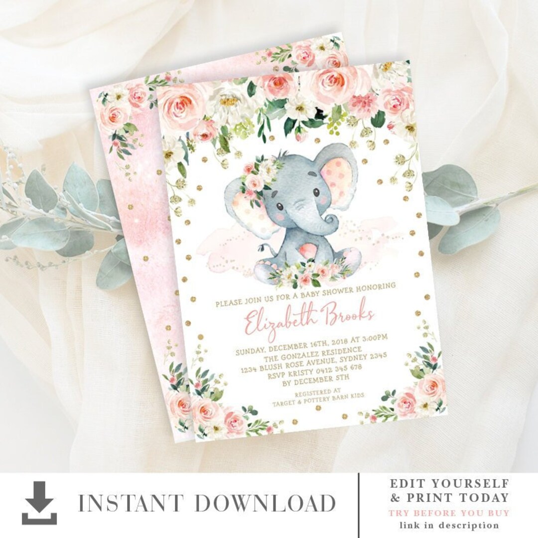 Girl Elephant EDITABLE INVITATION. Blush Pink Gold Floral Jungle ...