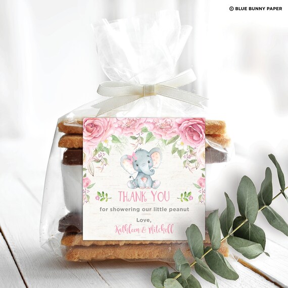 Editable Elephant Favor Tag Template. Pink Floral Baby Shower Thank You ...