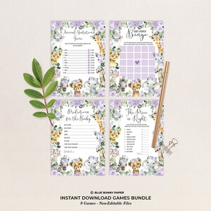 Purple Jungle Baby Shower Games Lilac Lavender Floral Safari Printable ...