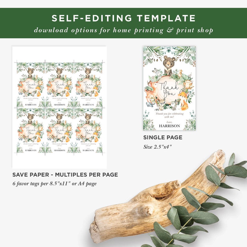 EDITABLE Woodland Favor Tag Greenery Forest Animals Baby - Etsy