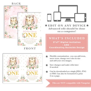 Editable Girl Owl 1st Birthday Invitation. Pink Gold Floral Owl Party ...